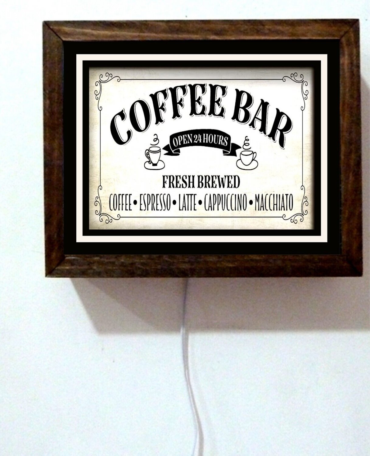 Coffee Bar Kitchen Wood Frame Retro Vintage Electric Light Lighted Sign
