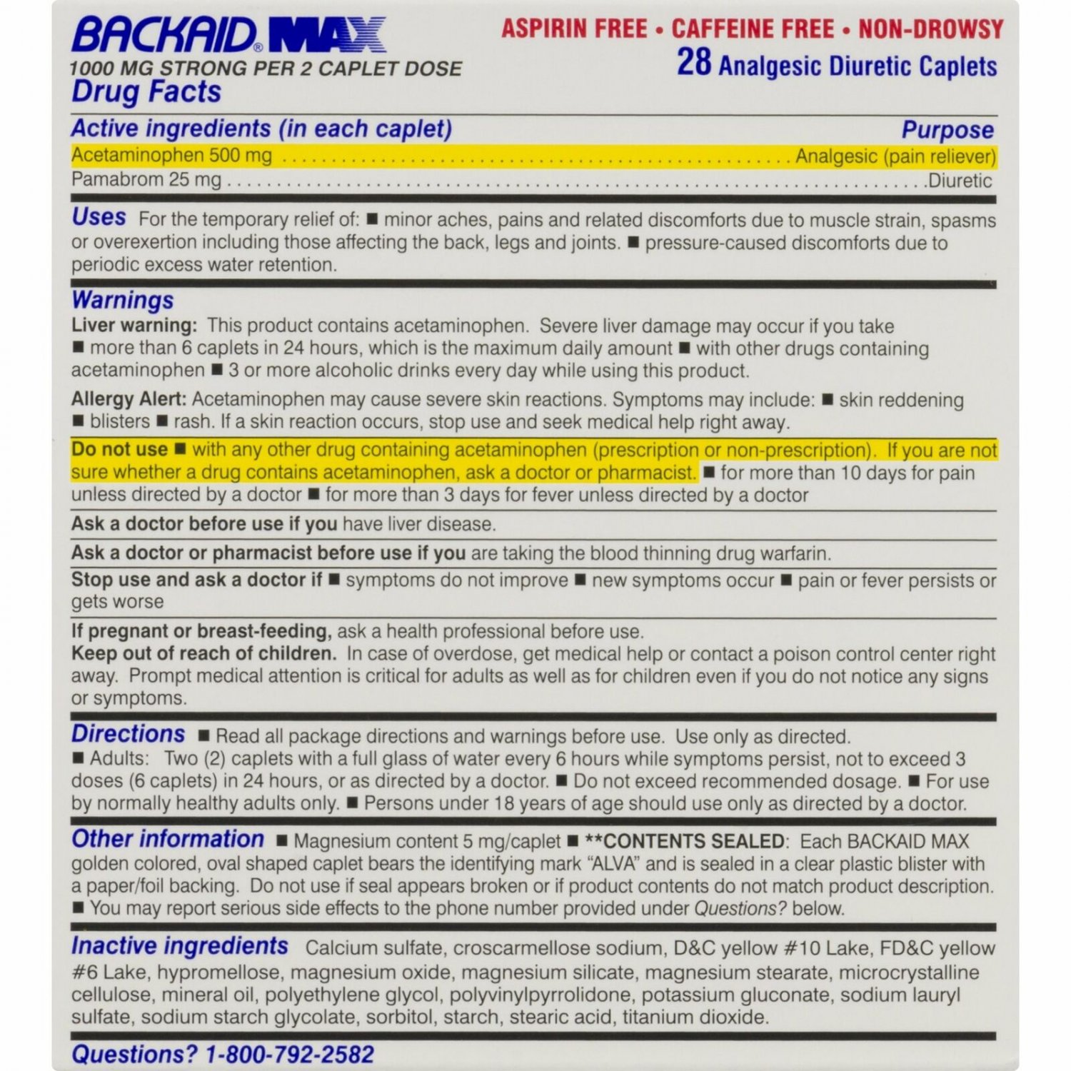Backaid Max Maximum Strength Caplets Non Drowsy Acetaminophen 28 Count ...