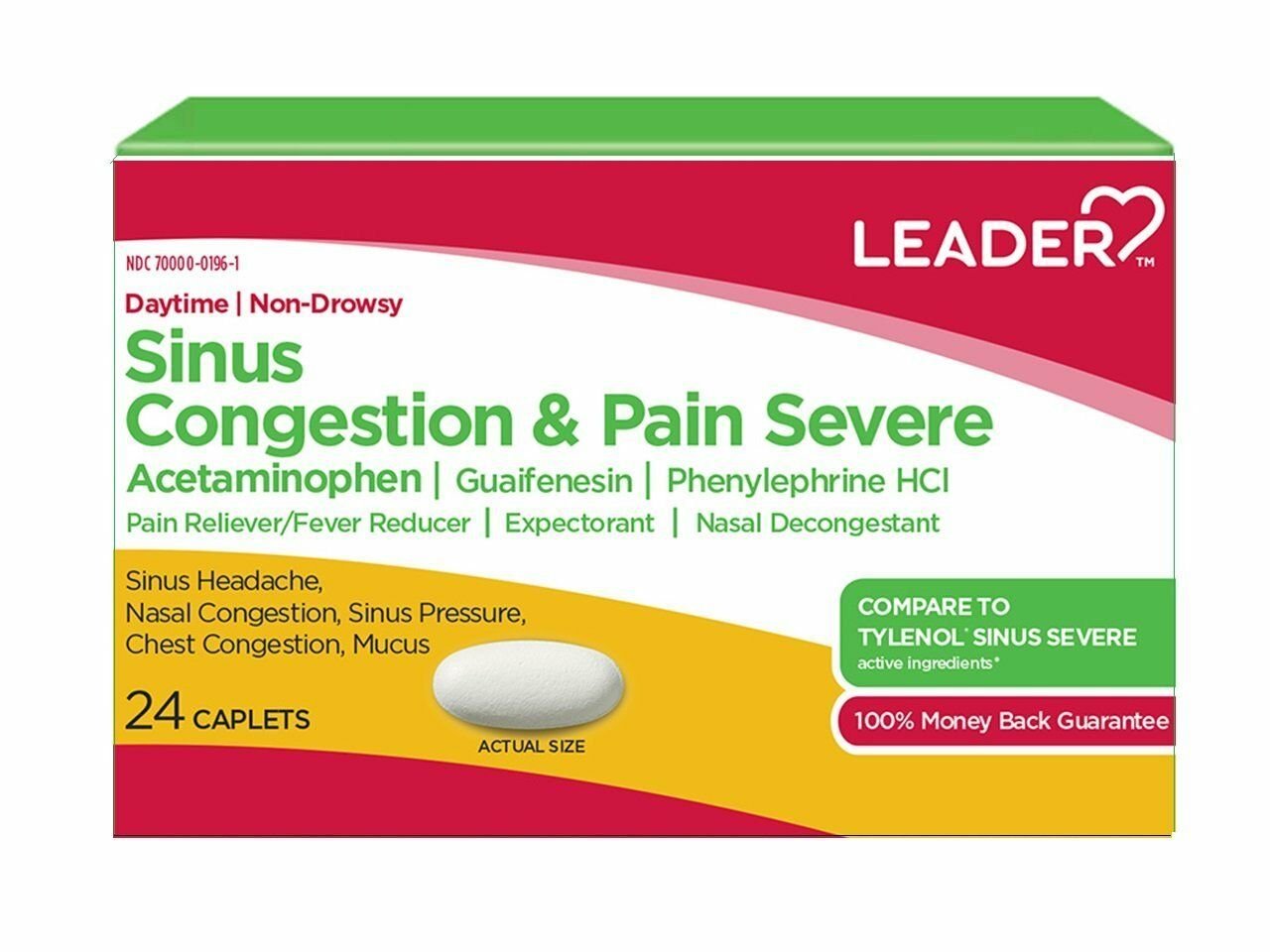 Leader Daytime Sinus Congestion & Pain Severe Non-Drowsy Caplets, 24ct ...