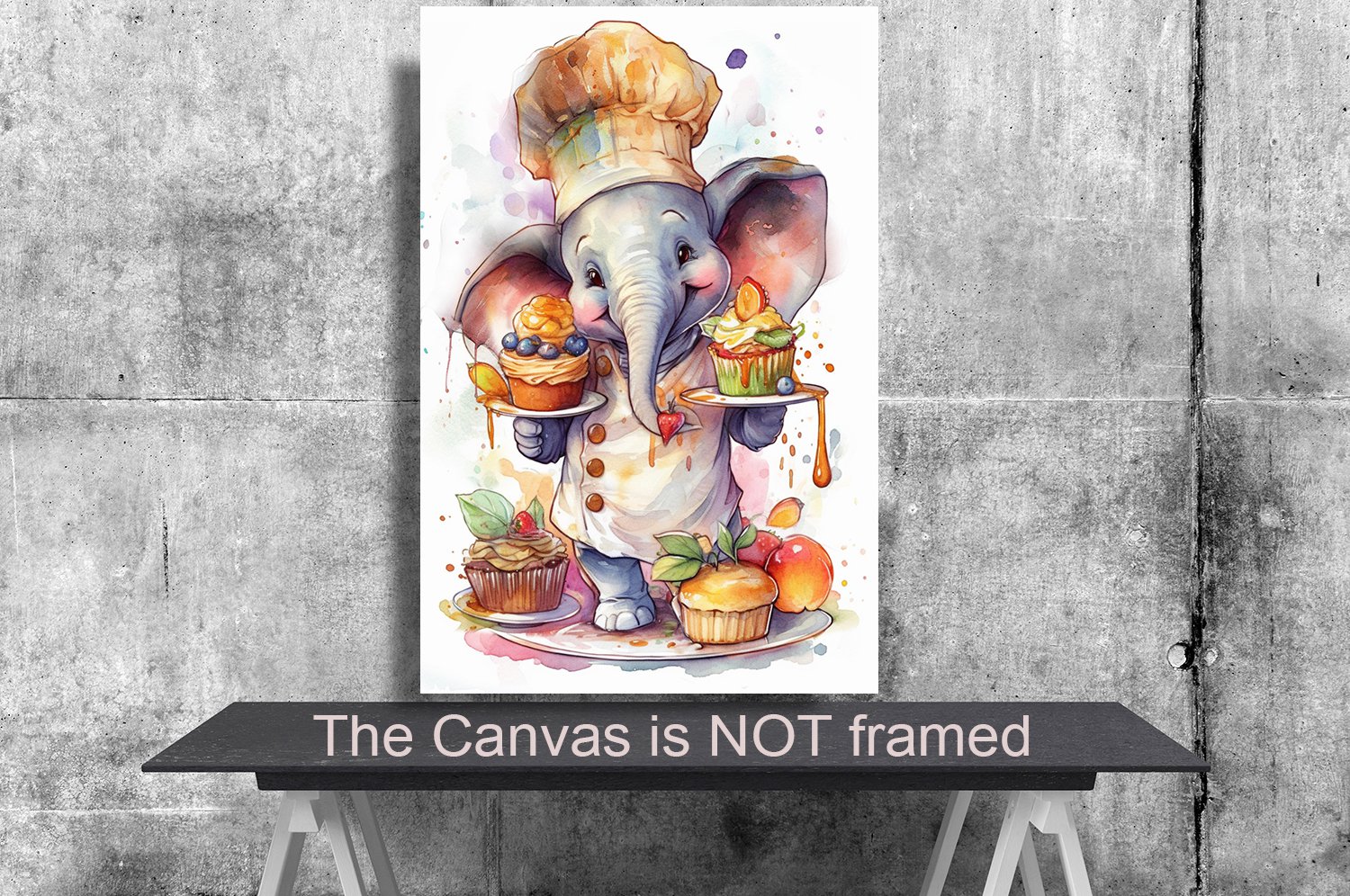 Elephant Pastry Chef Pastry Baker Watercolor 24x35 inches Canvas Print