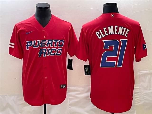 men's & youth Puerto Rico Uniform 21 Roberto Clemente Jerseys Red 2023 ...