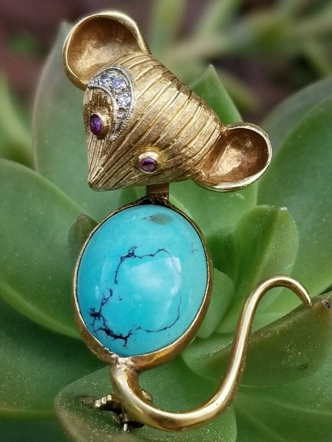 Vintage 18K Gold Turquoise Diamond Ruby Mouse Brooch Pin-Estate Jewelry ...