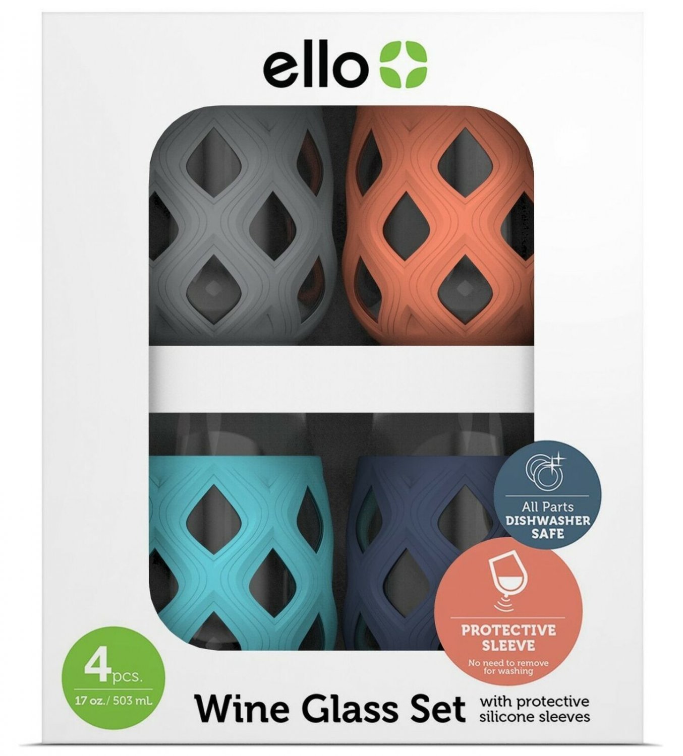 Ello Cru 17 Oz Stemless Wine Glass Set with Silicone Sleeves, Paloma (4 ...
