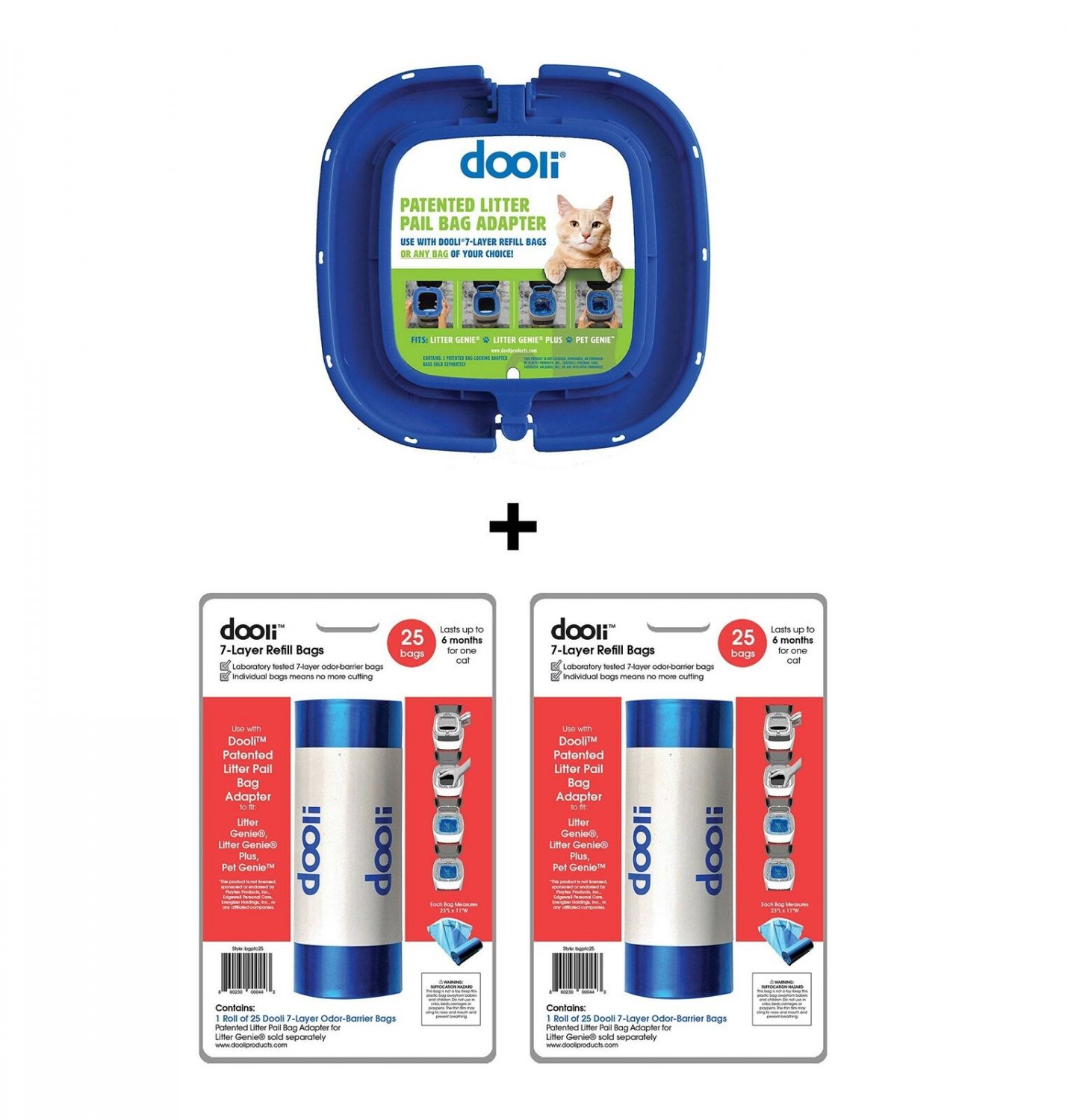 Dooli Litter Genie Compatible Bag Adapter and 50 Bag Refills (Equals 8 ...