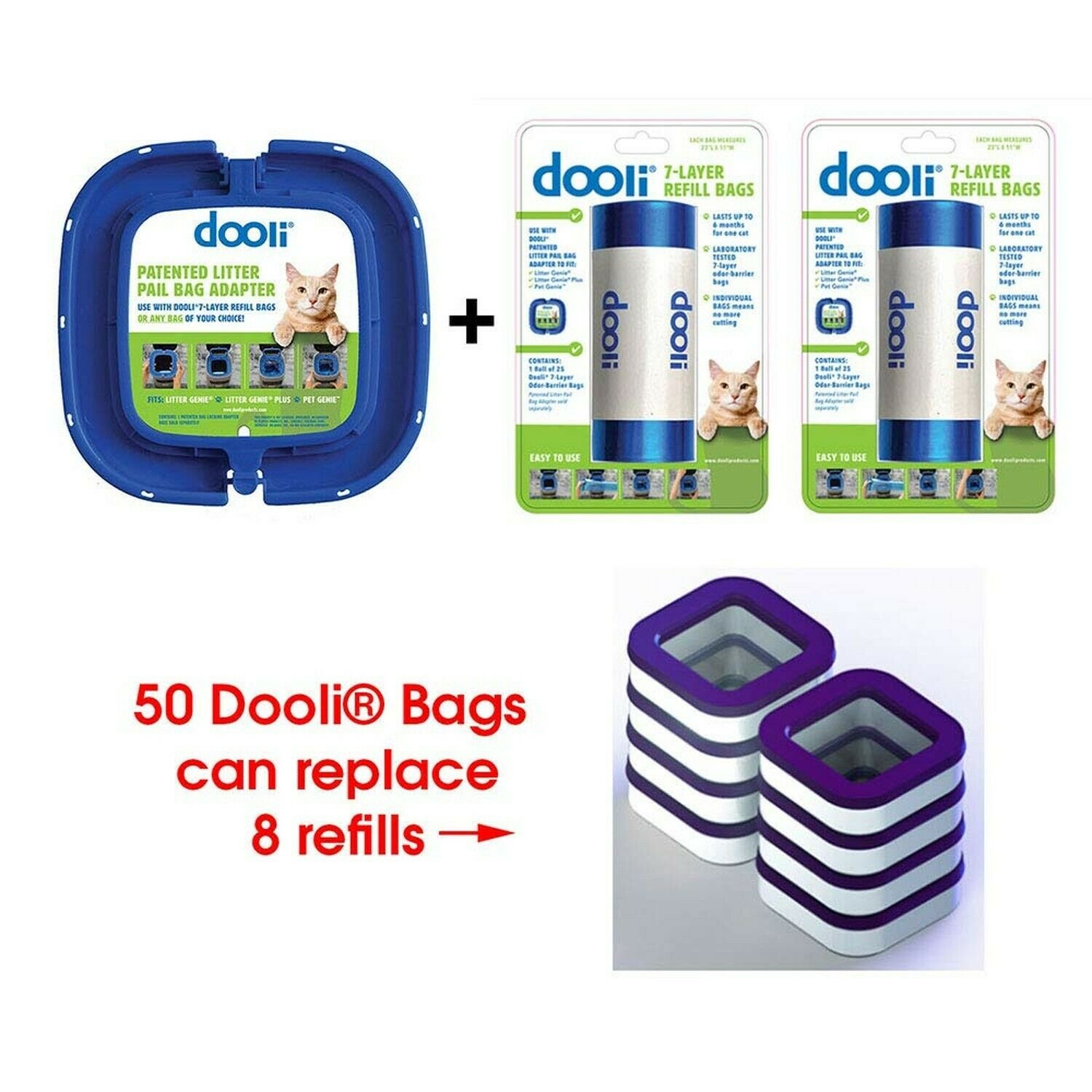 Dooli Litter Genie Compatible Bag Adapter and 50 Bag Refills (Equals 8 ...