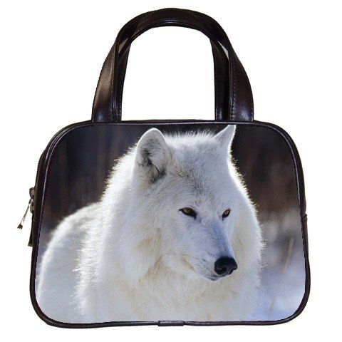 Black Designer 100% Leather WHITE WOLF Handbag Purse #19375489