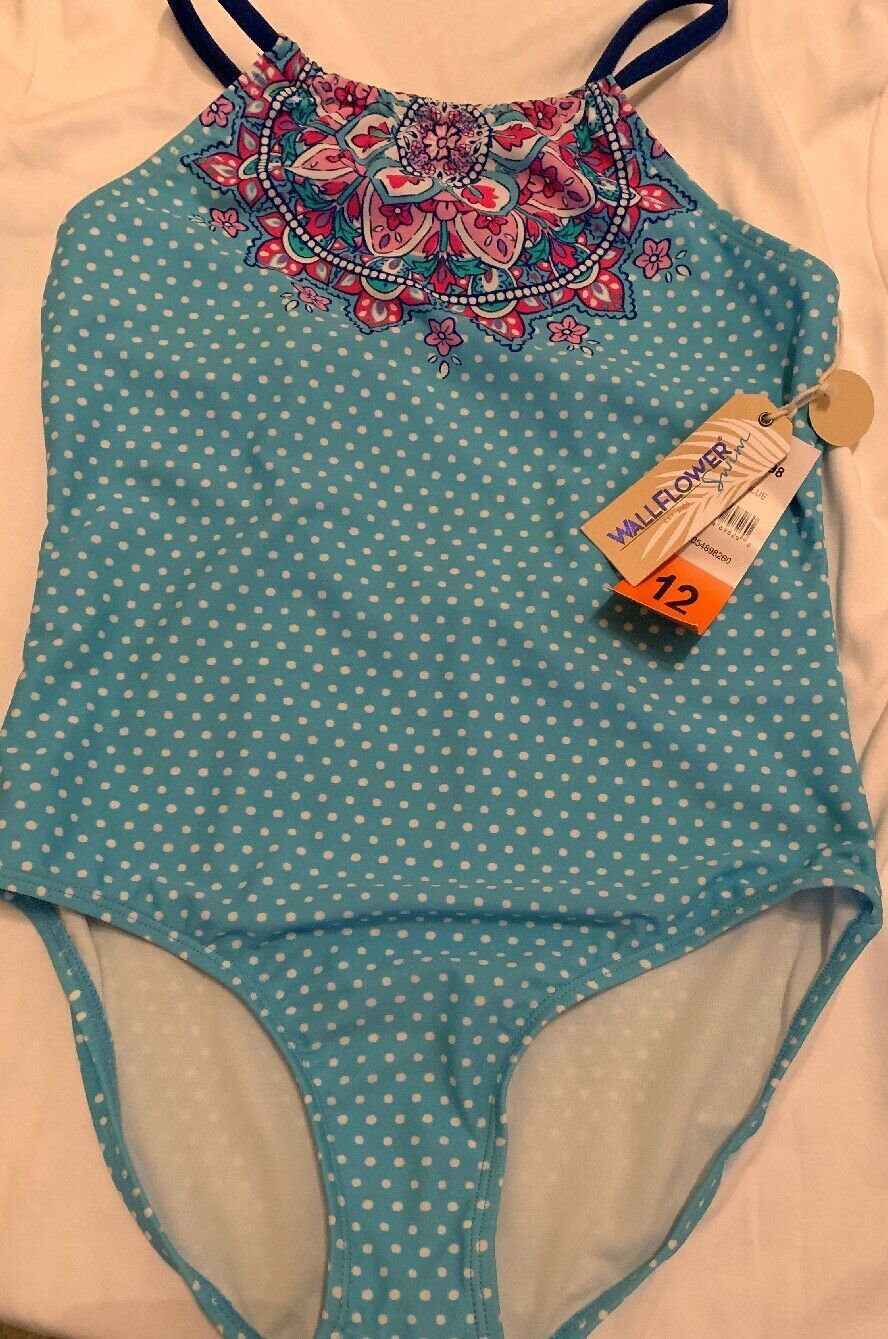 WallFlower Swim Girls Bathing Suit One Piece Blue Polka Dot Size 12