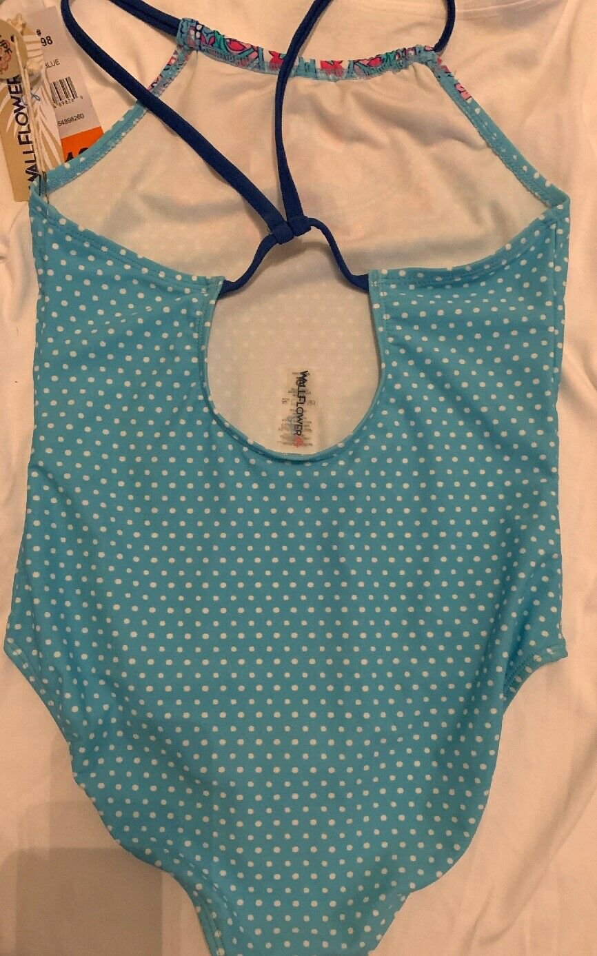 WallFlower Swim Girls Bathing Suit One Piece Blue Polka Dot Size 12