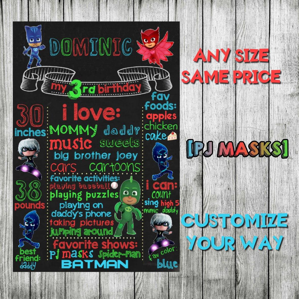 SALE! First Birthday Or Any Age Chalkboard PJ Masks Printable Sign Boy ...