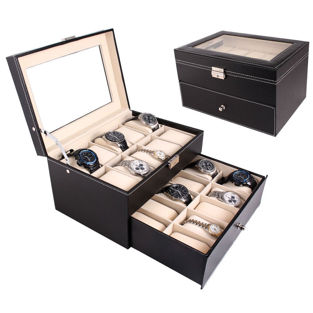 20 Slot Watch Box Leather Display Case Organizer Top Glass Jewelry ...