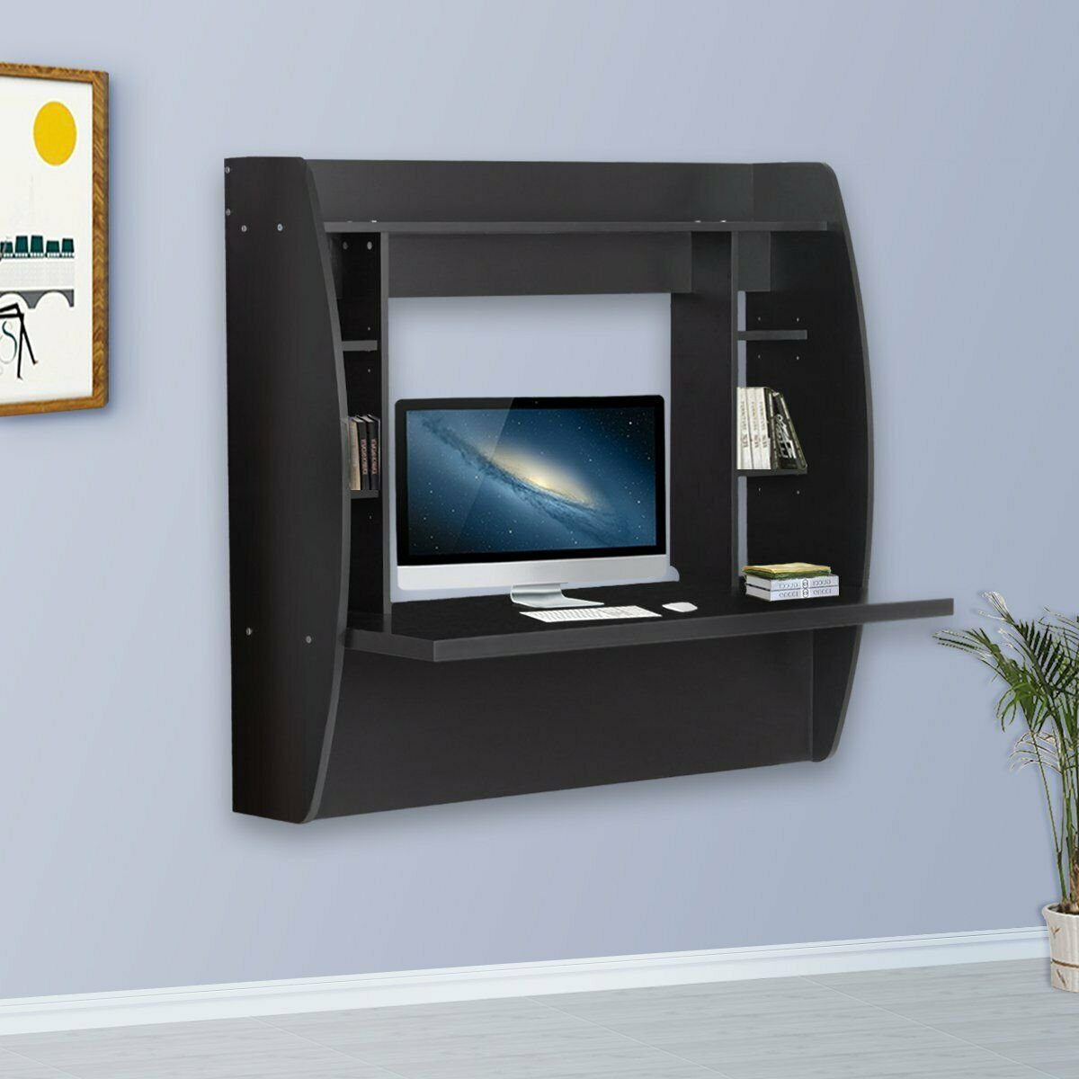Computer Desk Floating Wall Mount Table With Storage Shelves Home ...