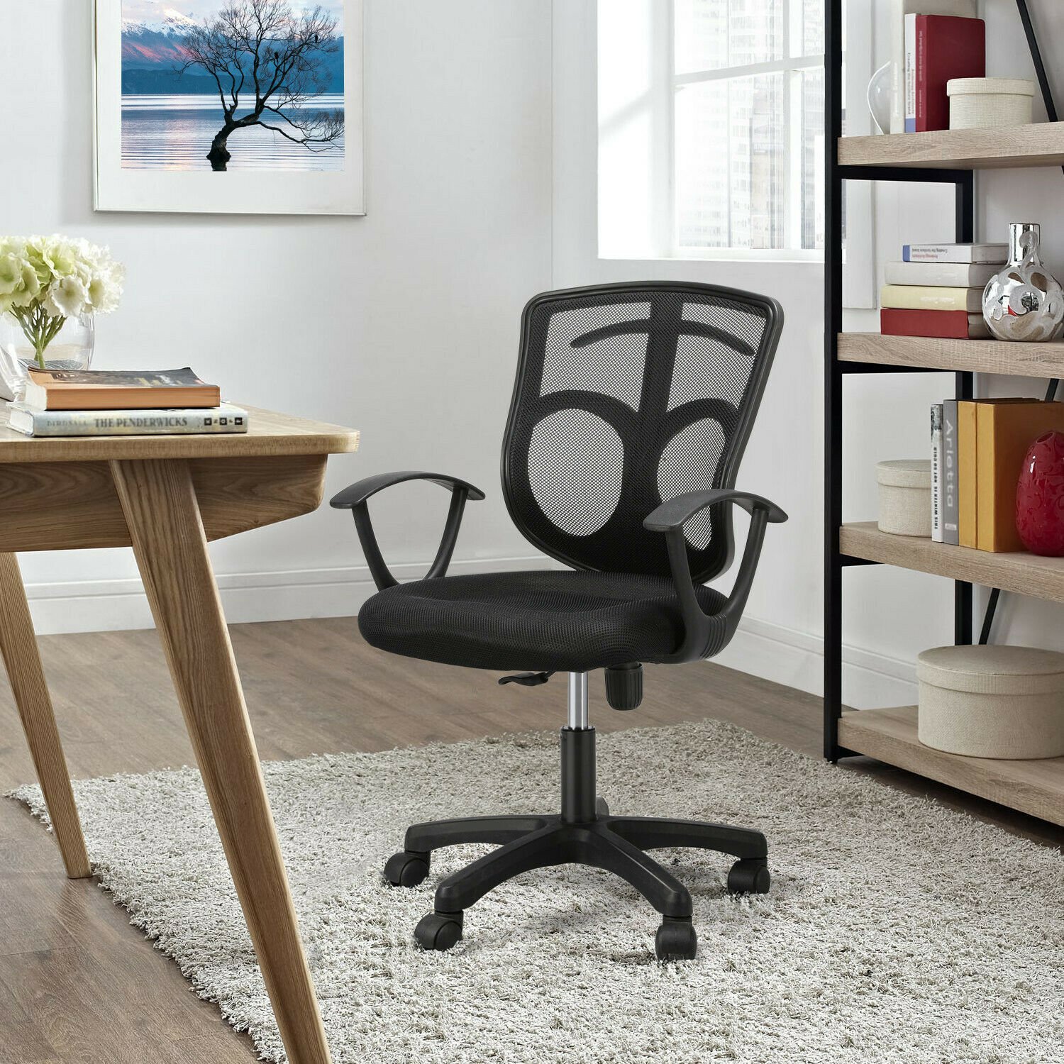 Mesh Office Desk Chair Black Mid-back Computer Chair Task Swivel Seat w ...