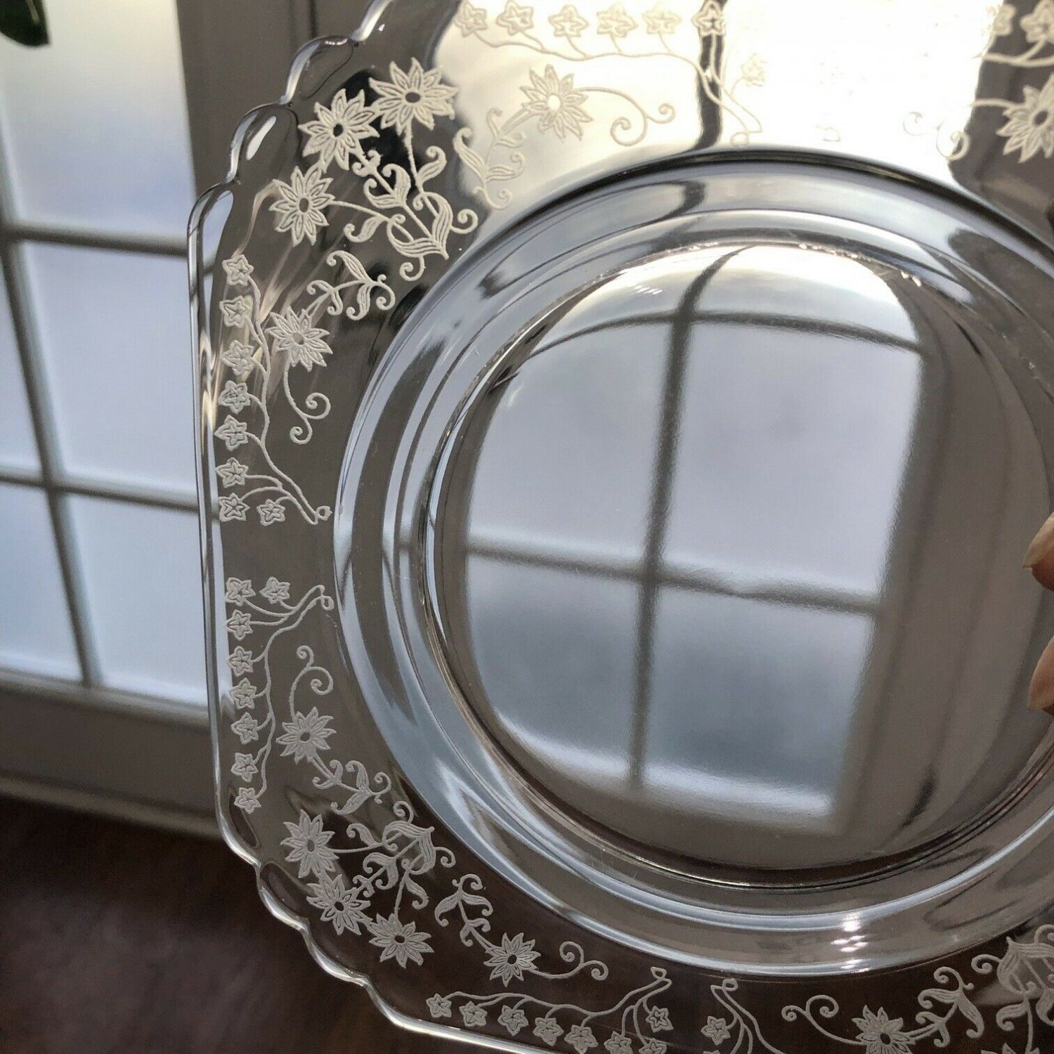 Set of 8 Vintage Clear Depression Glass Etched Square Plates Scalloped Edge