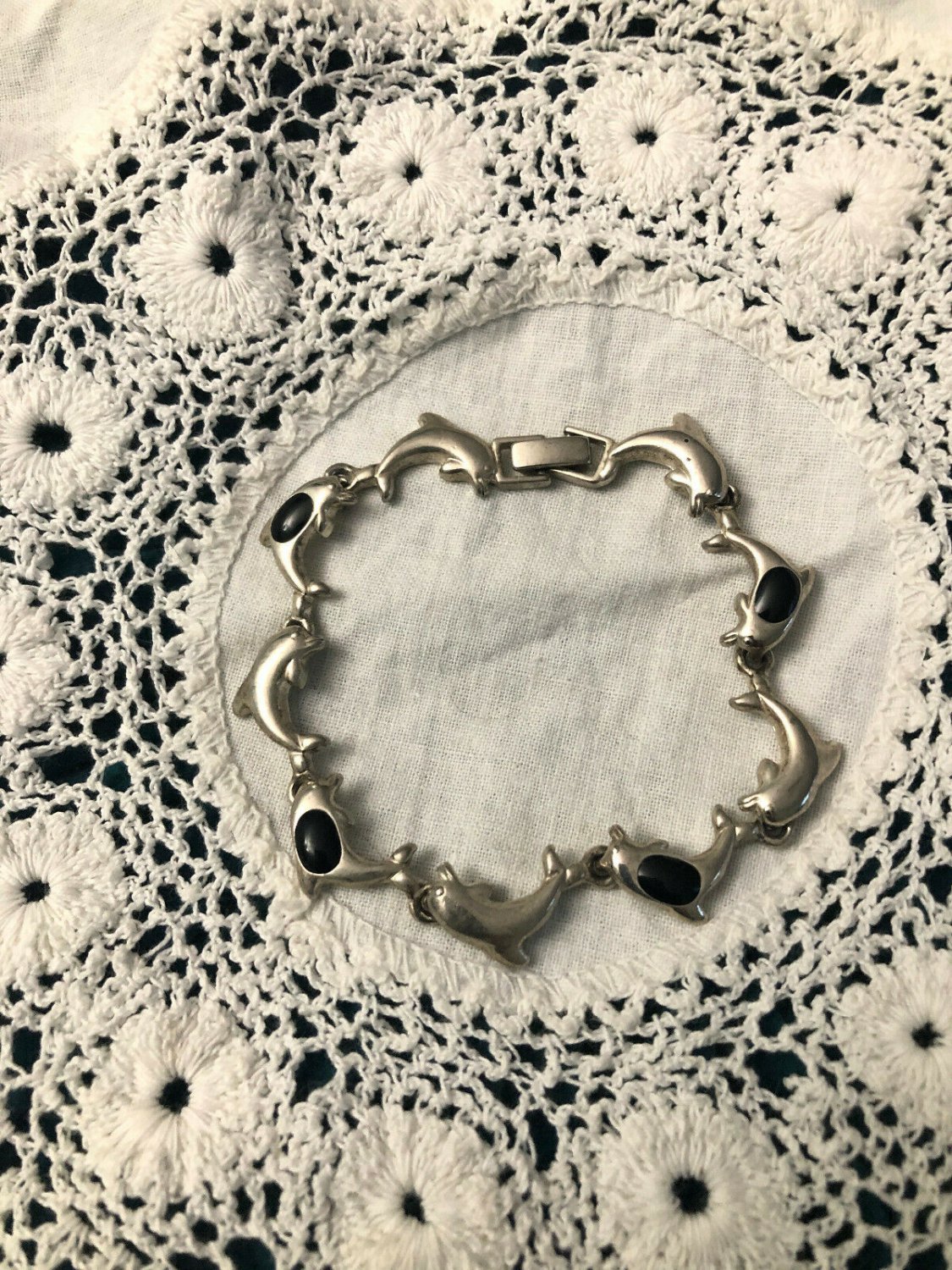 Heavy Vintage Mexico Cast Sterling Enamel Dolphin Link Bracelet