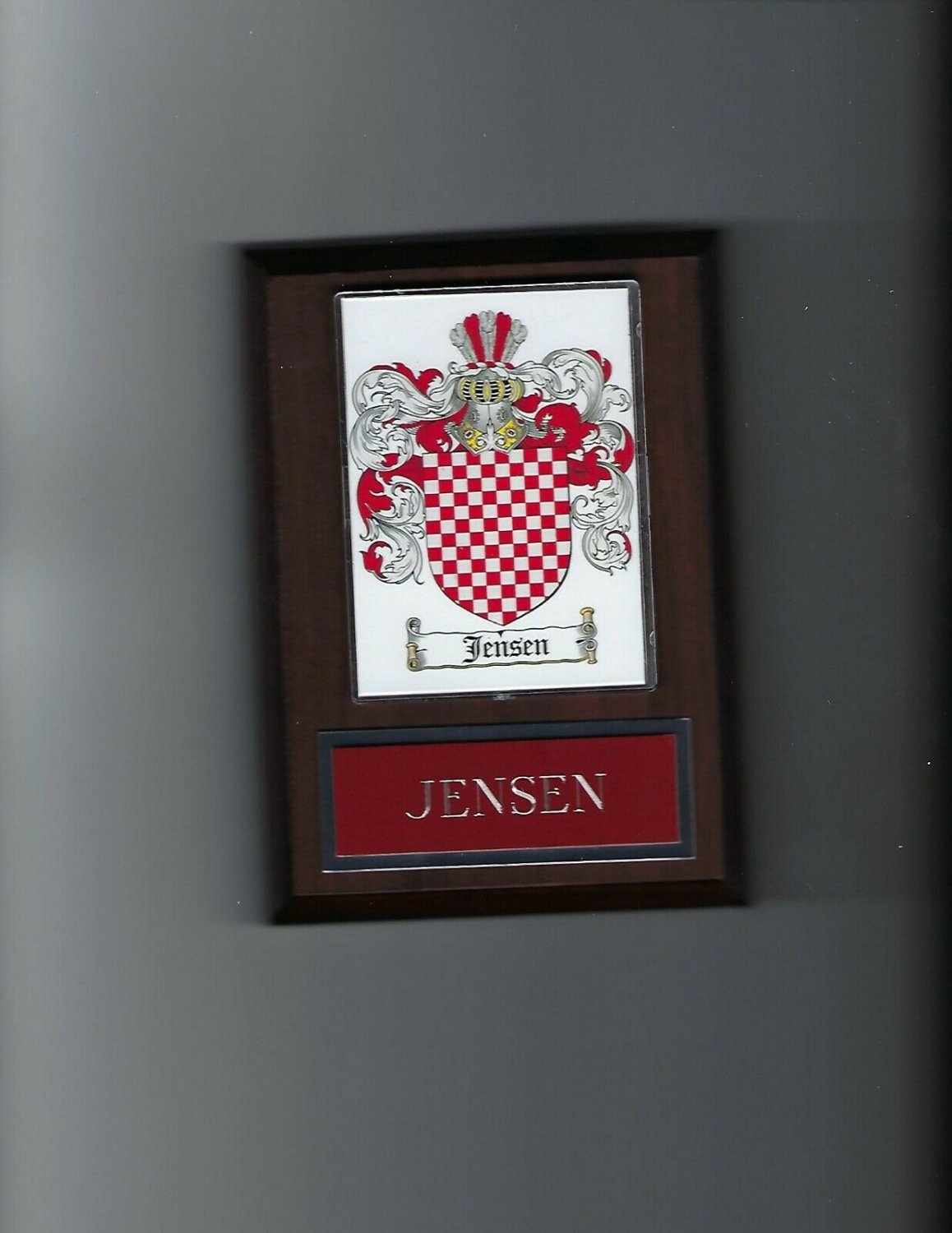 JENSEN COAT OF ARMS PLAQUE FAMILY CREST GENEALOGY ASK FOR YOUR NAME