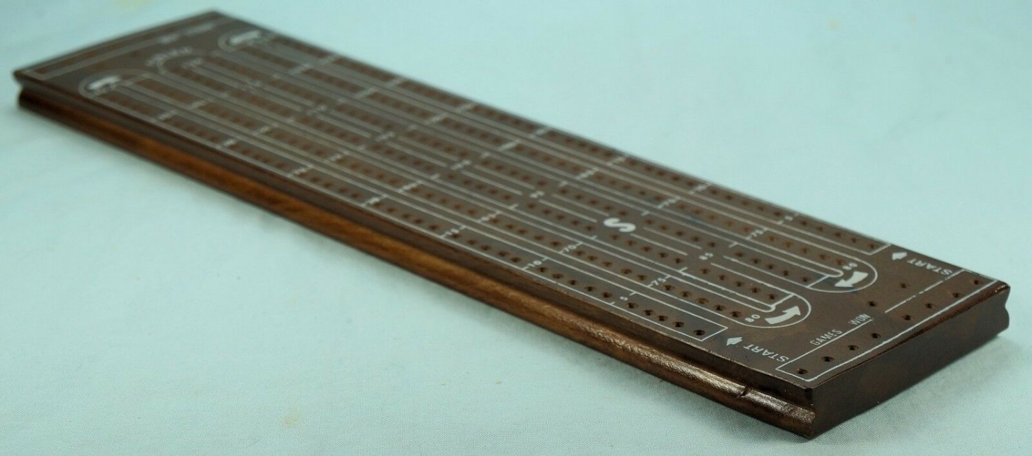 Cribbage Board: wooden, walnut, standard layout, with box, VG board and box