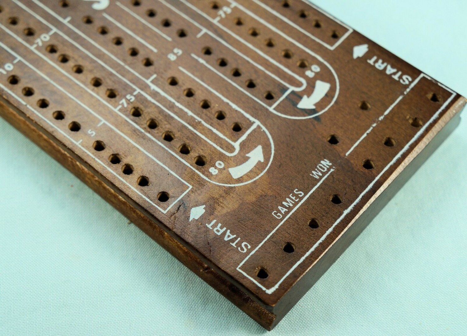 Cribbage Board: wooden, walnut, standard layout, with box, VG board and box