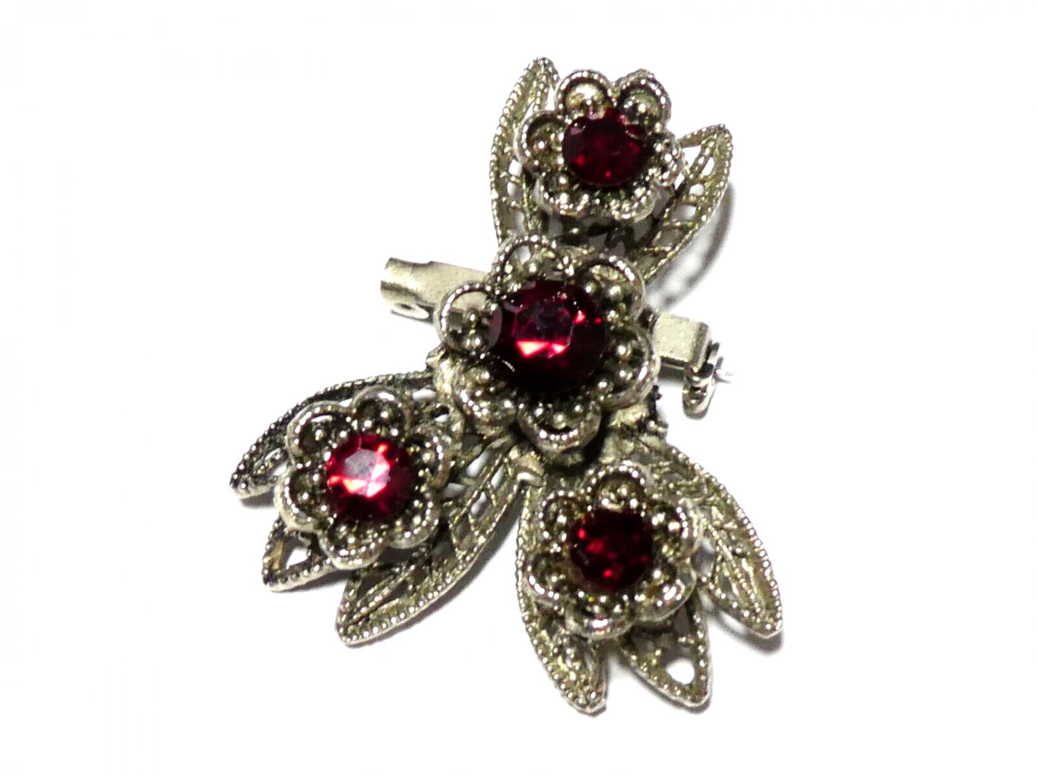 Vintage Pewter Deep Red Large Rhinestone Floral Brooch Very Unusual and ...
