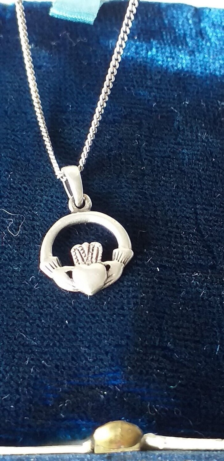 Vintage 1960-s Irish Celtic Claddagh Sterling Silver Pendant on 20 inch Chain.