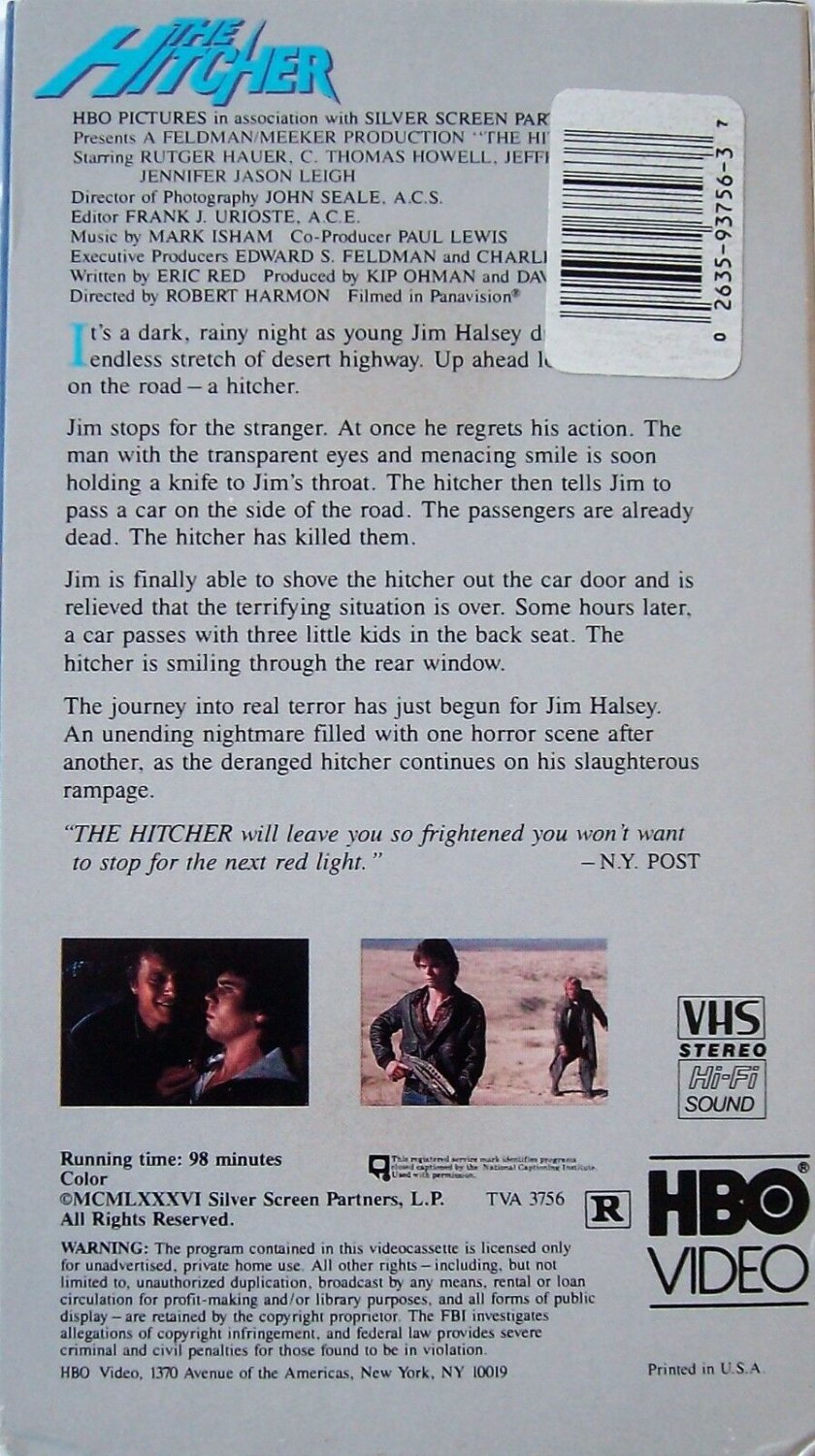 The Hitcher (VHS, 1990) Rutger Hauer, C. Thomas Howell # 026359375637