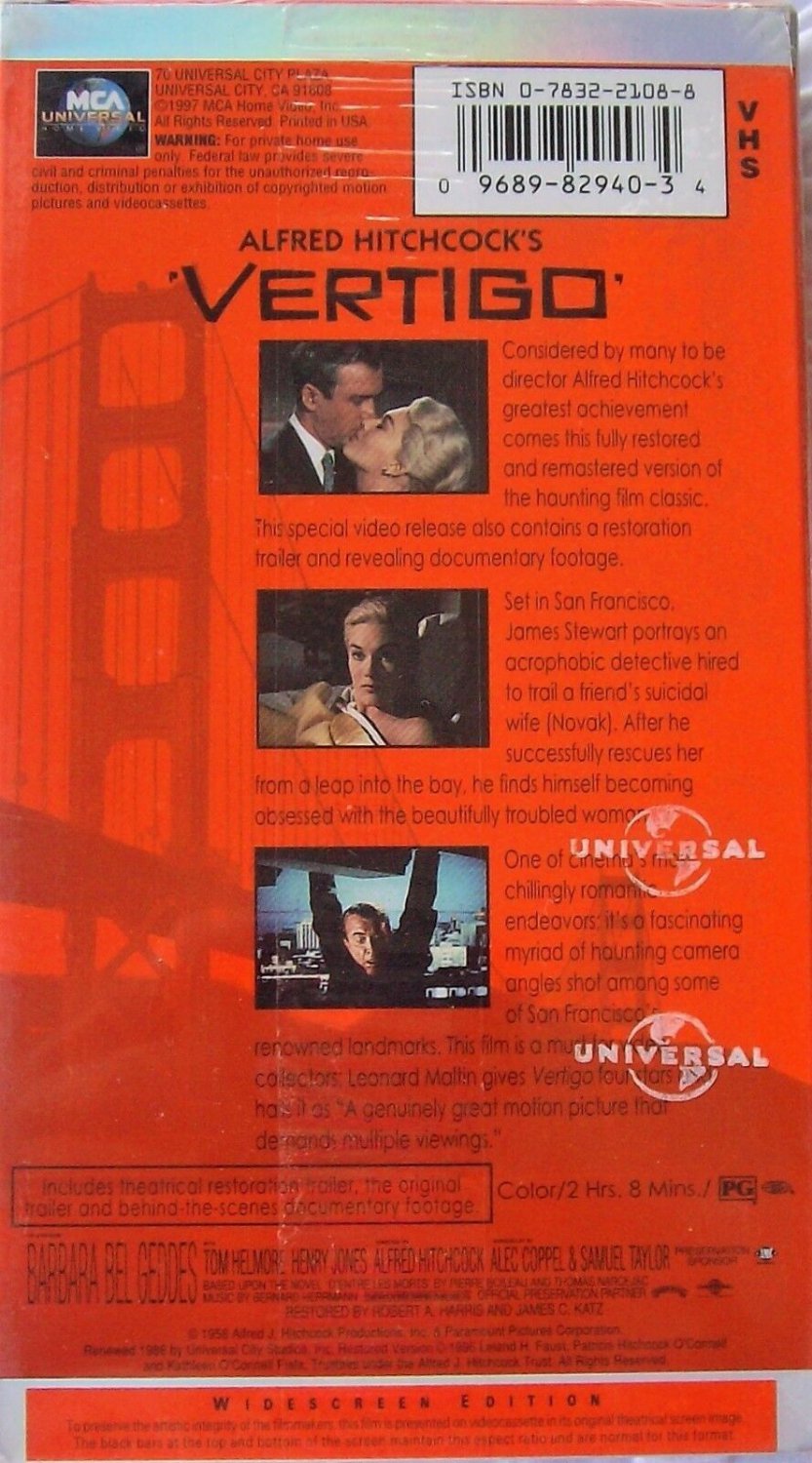 Vertigo (VHS) Alfred Hitchcock, James Stewart, Kim Novack # 096898294034