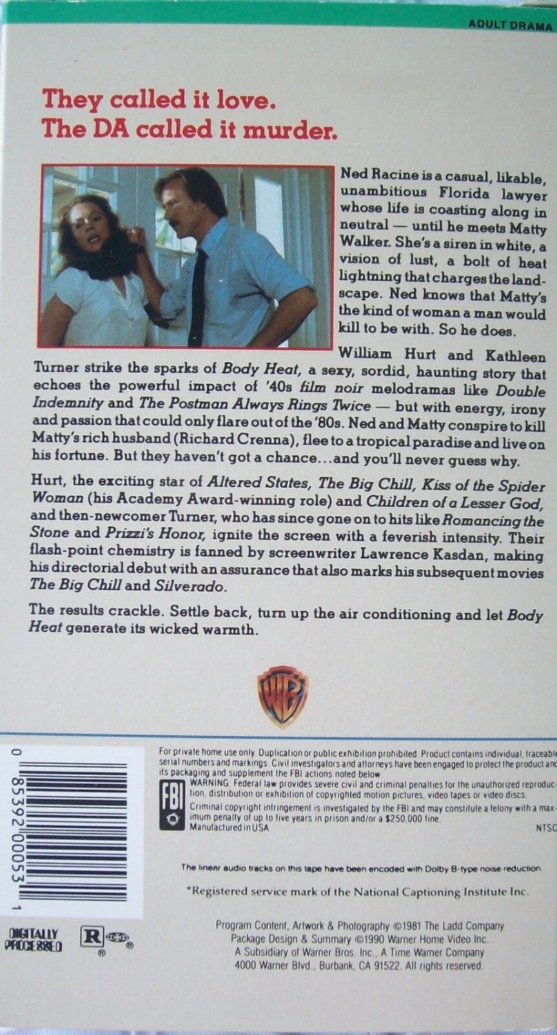 Body Heat (VHS, 1993) William Hurt, Kathleen Turner, Richard Crenna.