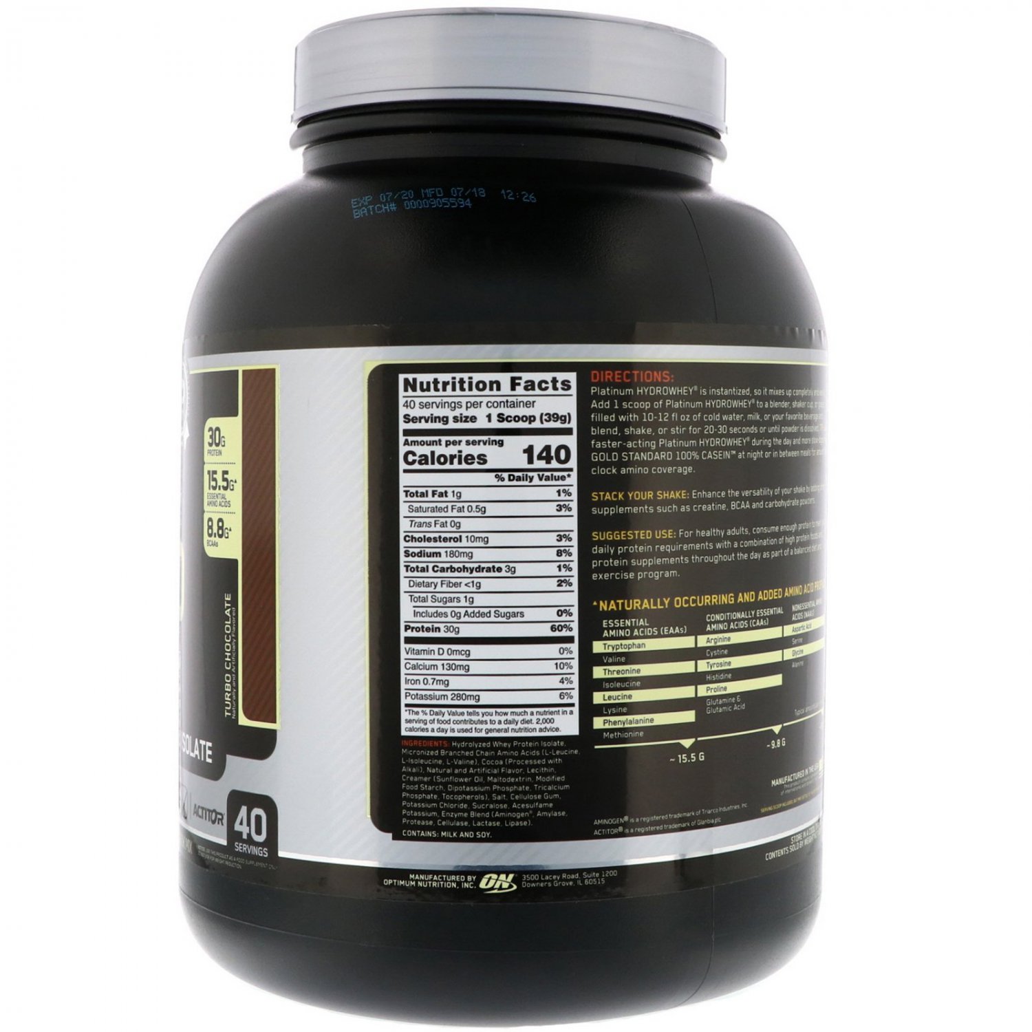 Optimum Nutrition, Platinum Hydro Whey, Turbo Chocolate, 3.5 lbs (1.59 kg)