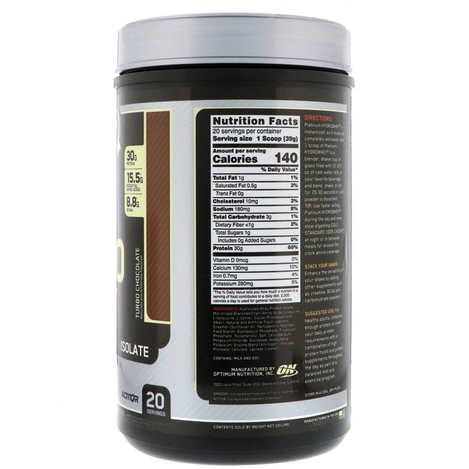 Optimum Nutrition, Platinum Hydro Whey, Turbo Chocolate, 1.75 lbs (795 g)