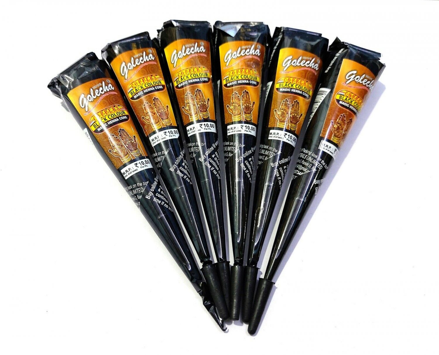 Golecha Henna Black Color Mehendi Cones Pack of 6, Temporay Tattoo ...