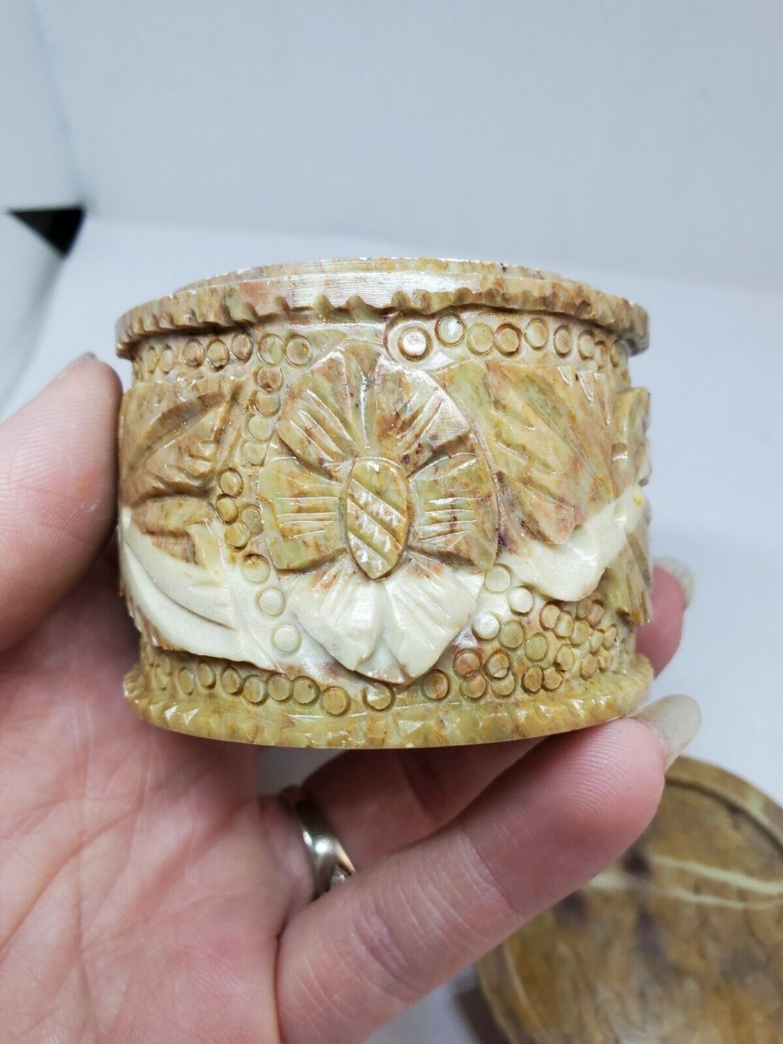 Vintage Soapstone Hand Carved Trinket Box Pair With Flowers