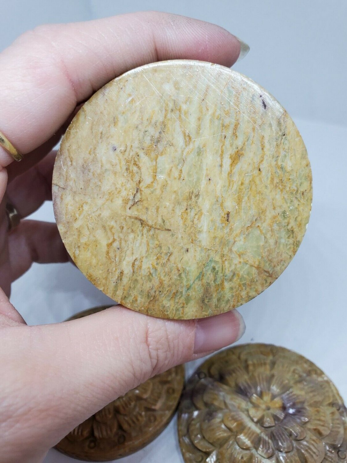 Vintage Soapstone Hand Carved Trinket Box Pair With Flowers