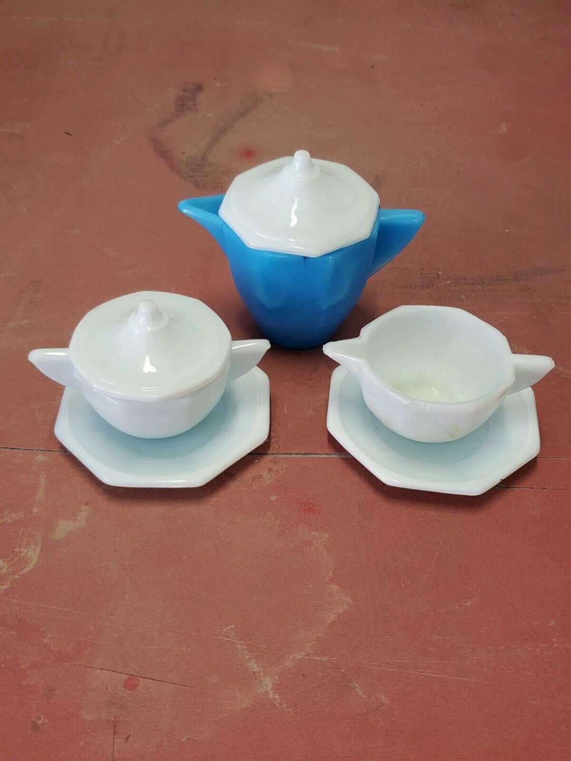 Vintage Akro Agate Blue And White Child's Tea Set
