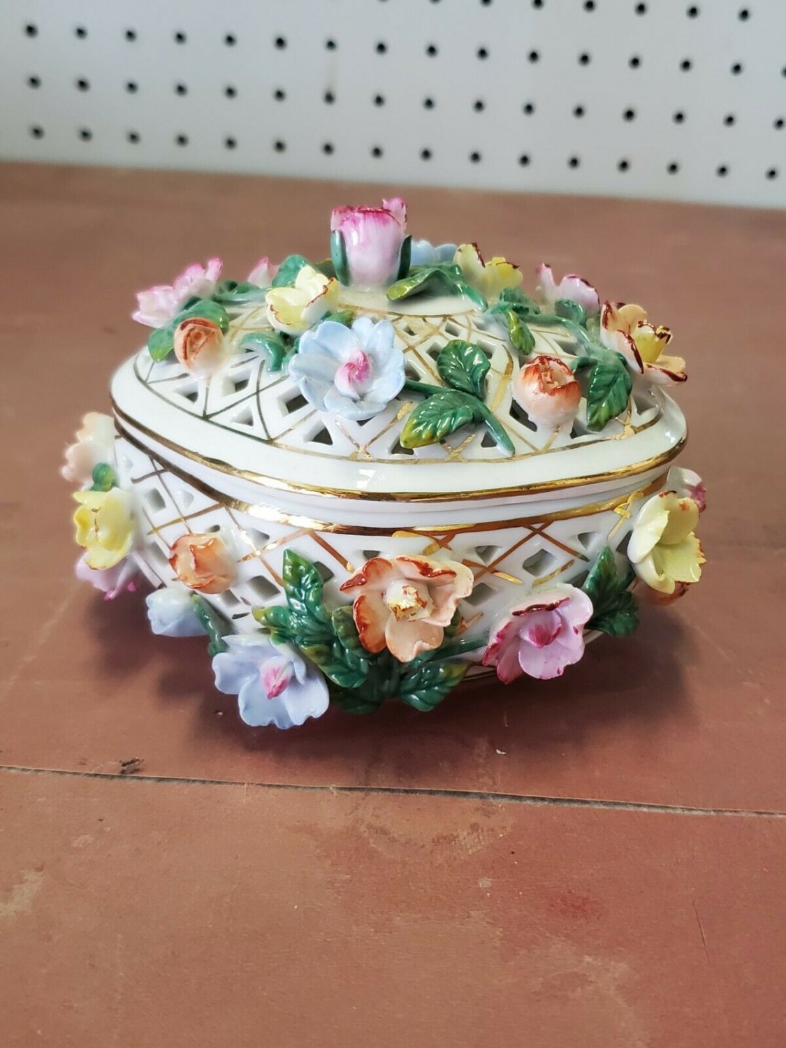 Antique KPM Diamond Lace Pierced Multicolor Flower Porcelain Trinket Box