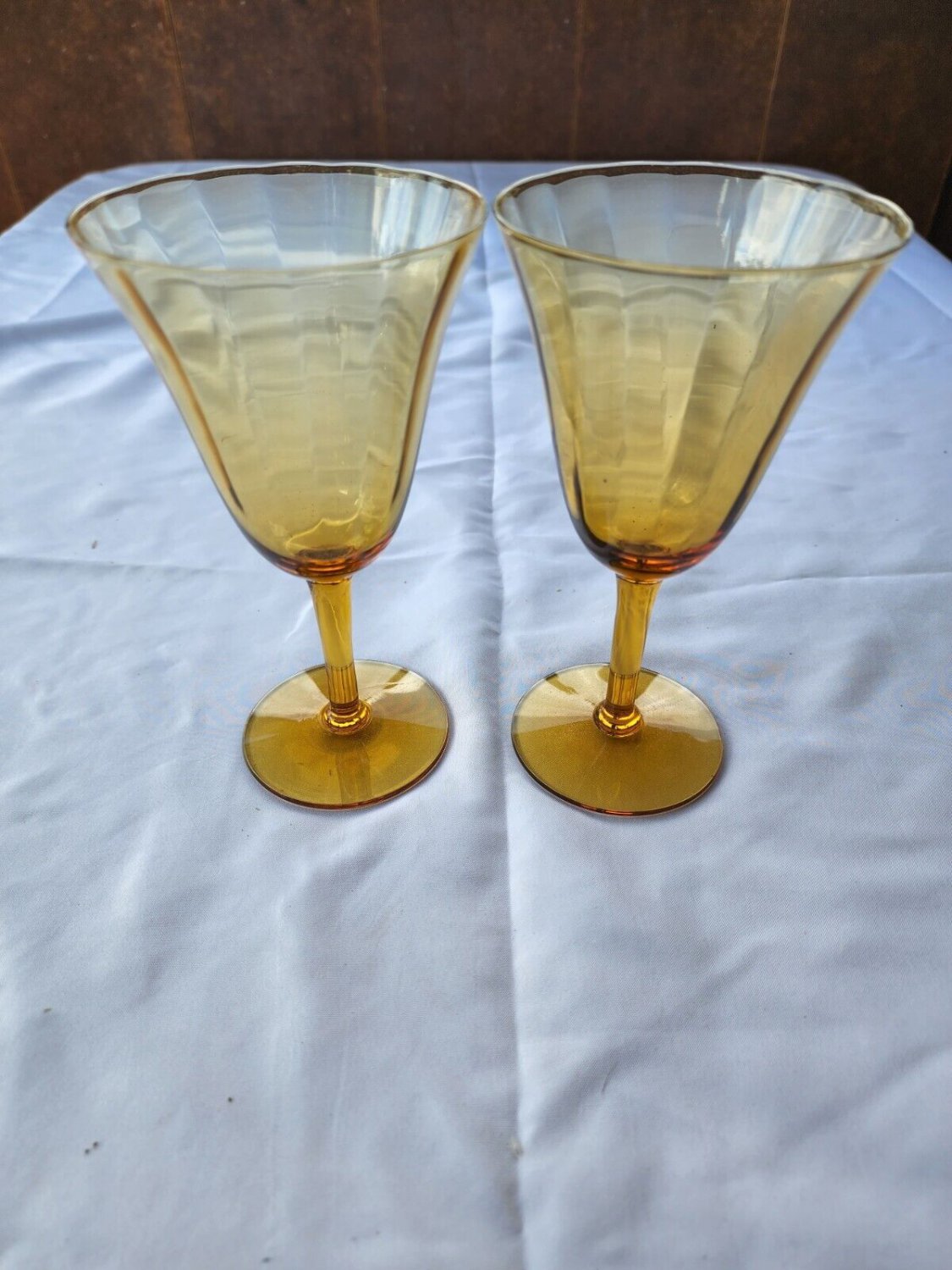 Vintage Pair Of Amber Glass Goblets Wine Glasses