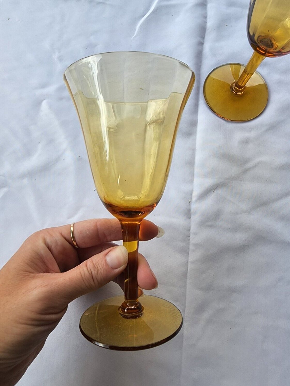 Vintage Pair Of Amber Glass Goblets Wine Glasses