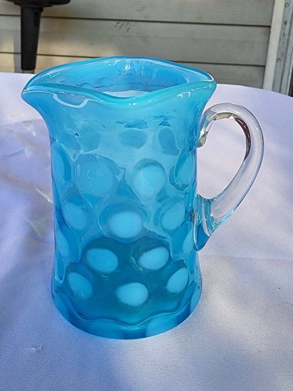 Vintage Translucent And Opaque Blue Glass Coin Dot Creamer Cup With Handle