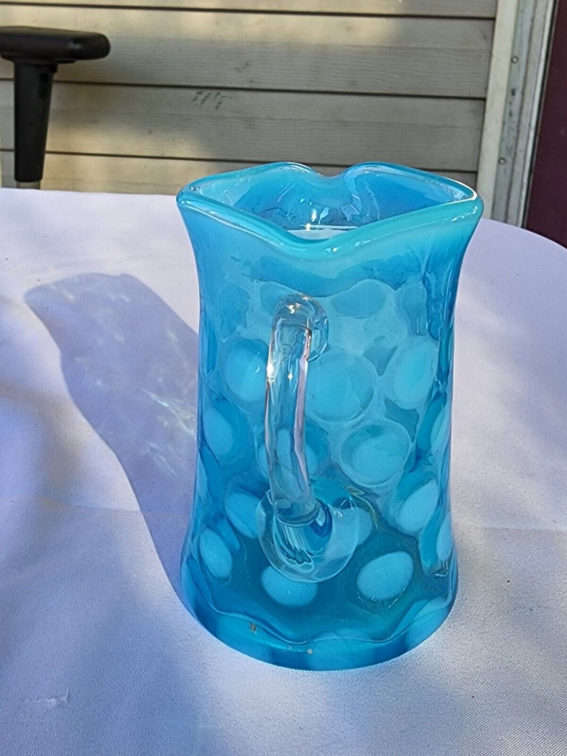 Vintage Translucent And Opaque Blue Glass Coin Dot Creamer Cup With Handle