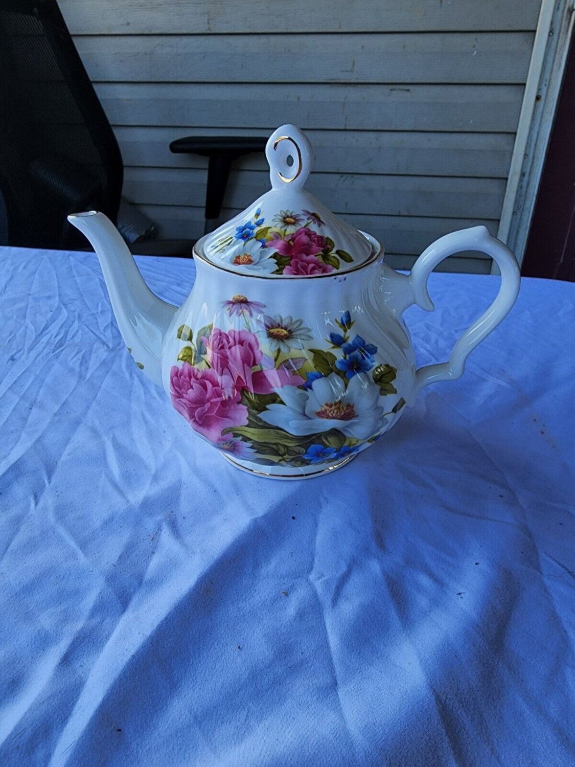 Vintage Grace's Teaware Hand Painted Flowers White Porcelain Swirl Teapot