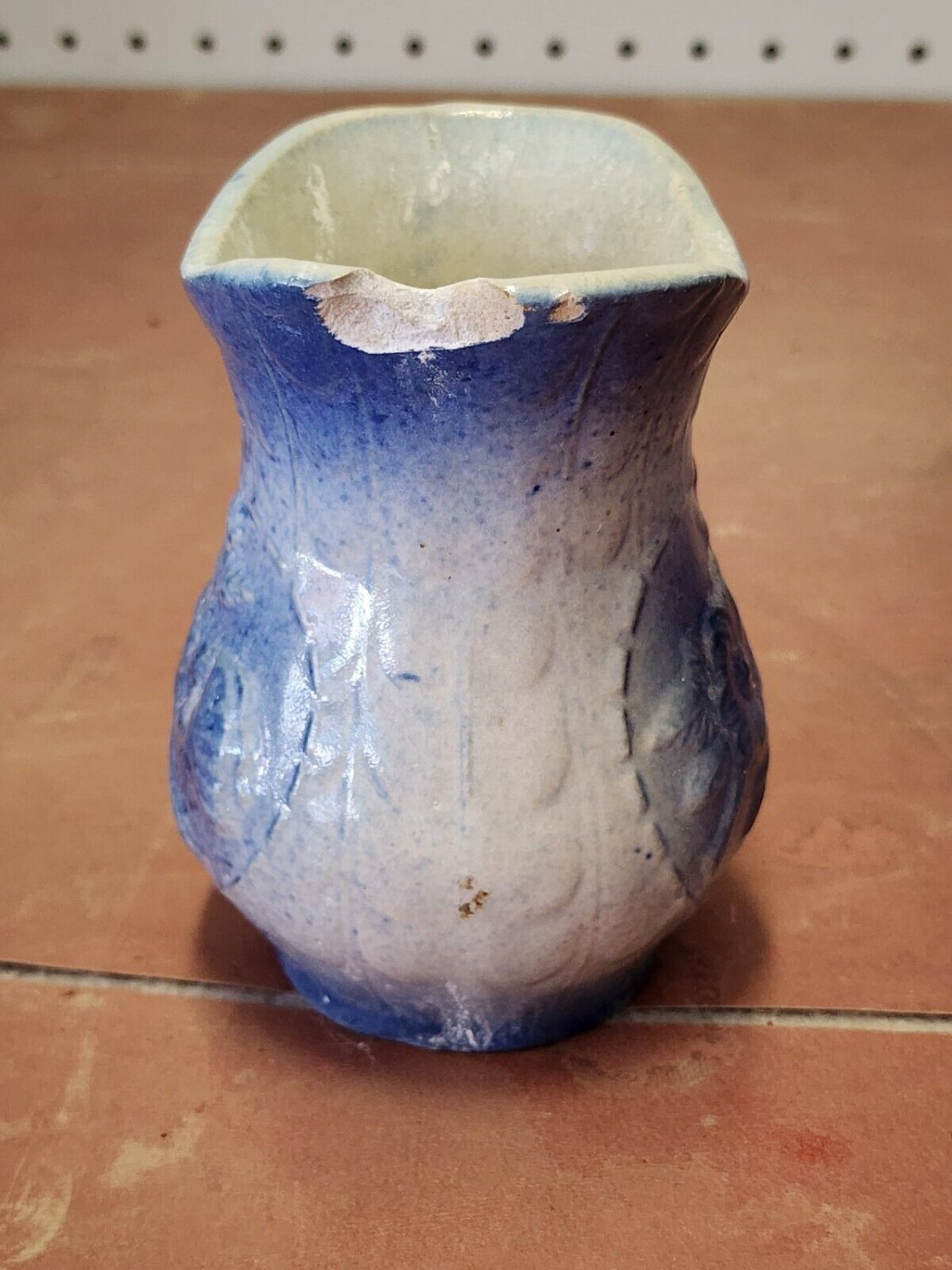 Antique Primitive American Stoneware Blue & White Raised Flowers ...