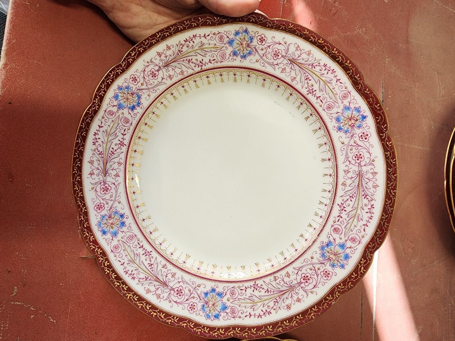 Antique White Porcelain Hand Painted Flowers & Filigree Red Rim Dinner ...