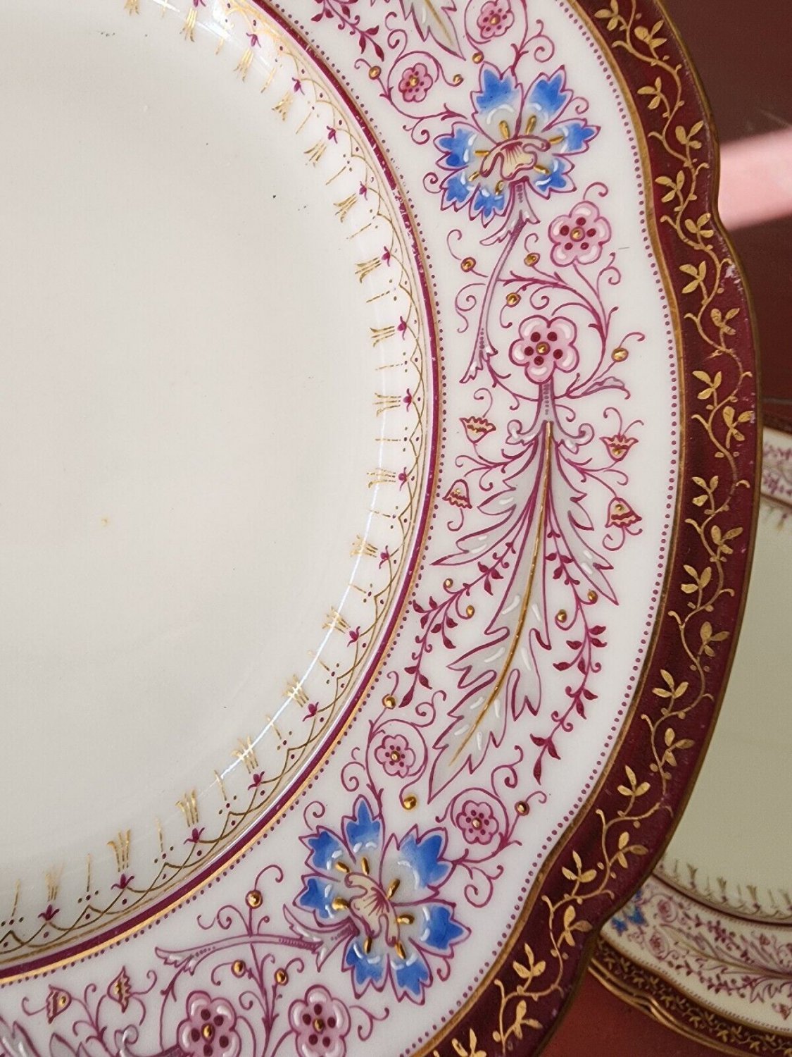 Antique White Porcelain Hand Painted Flowers & Filigree Red Rim Dinner ...
