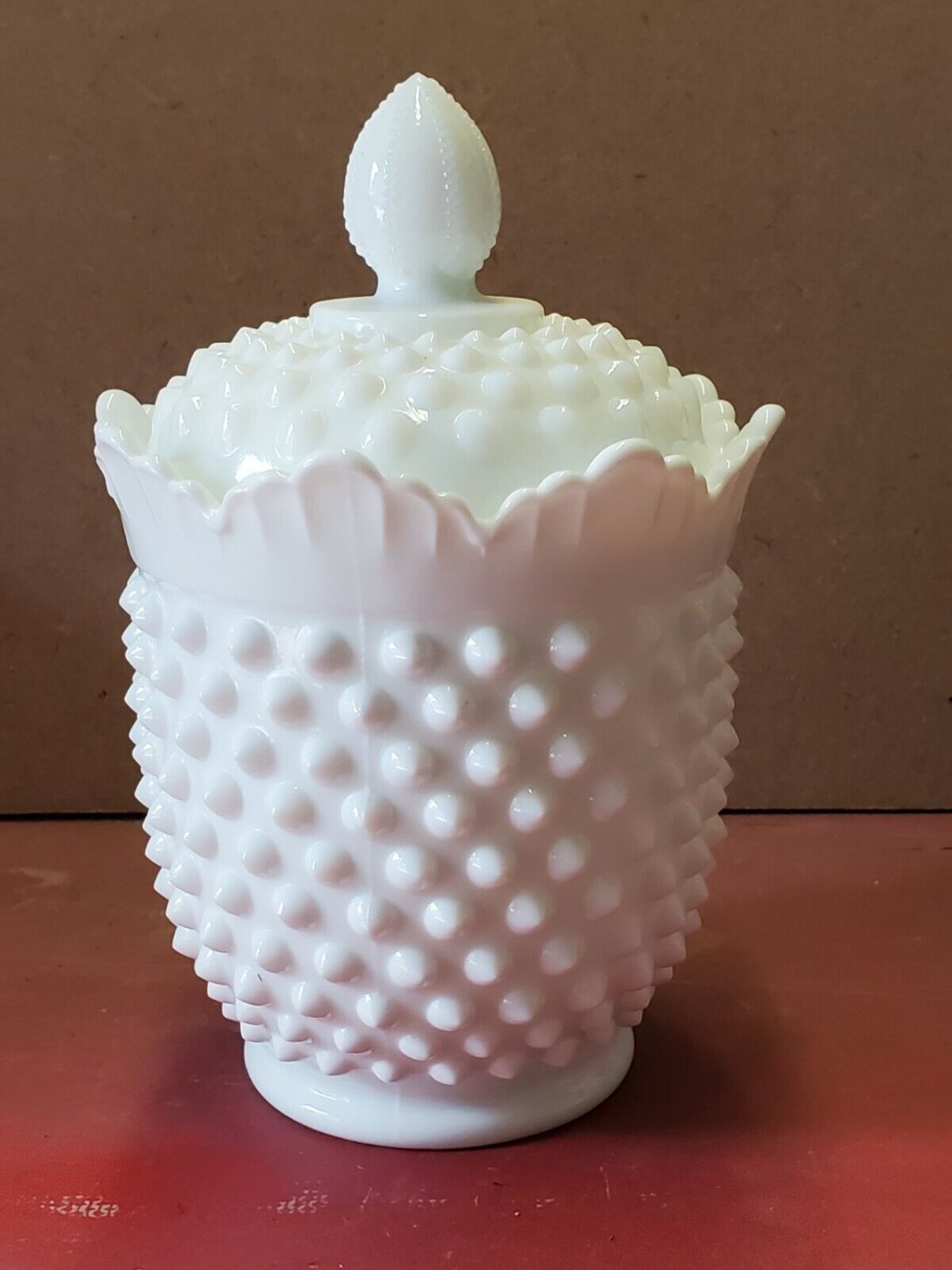Vintage Fenton White Milk Glass Hobnail Ruffled Candy Jar With Lid