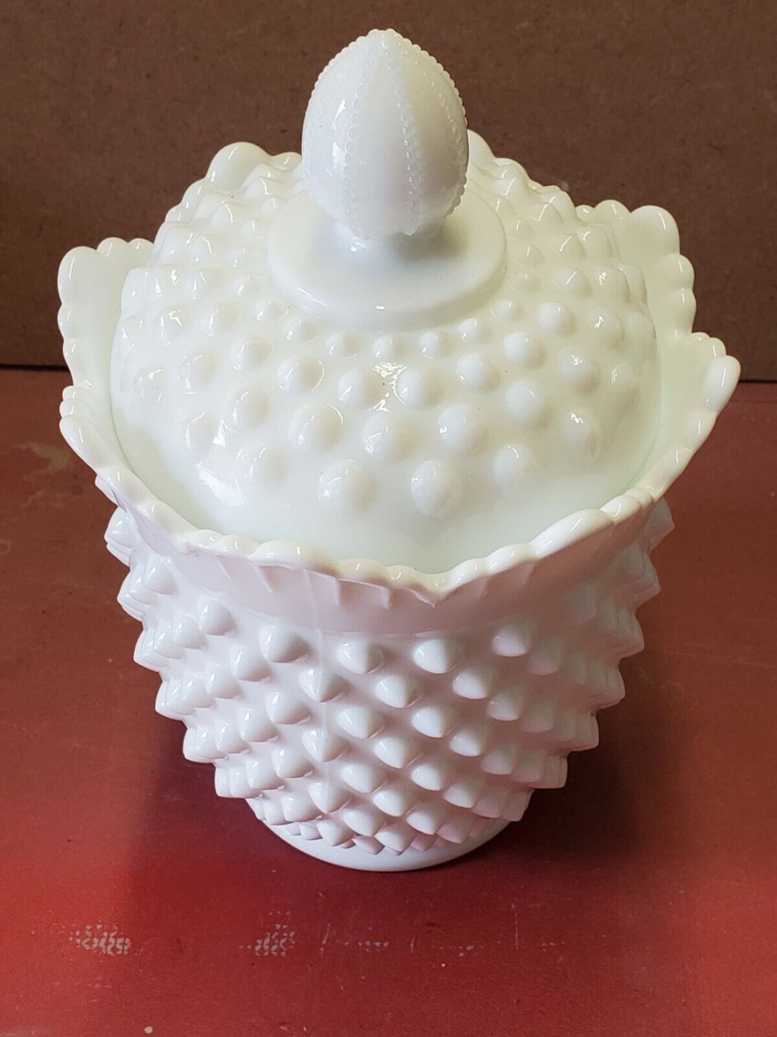 Vintage Fenton White Milk Glass Hobnail Ruffled Candy Jar With Lid