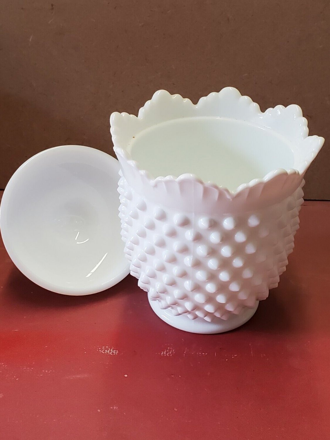 Vintage Fenton White Milk Glass Hobnail Ruffled Candy Jar With Lid