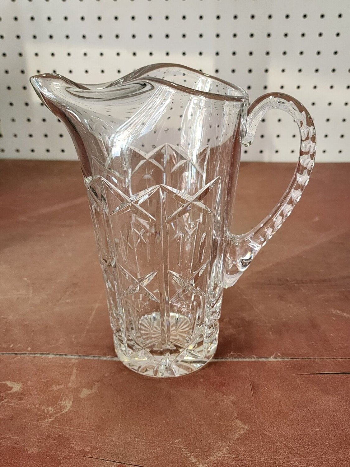Vintage Clear Hand Blown Lead Crystal X Pattern Pitcher With Ice Lip 8"