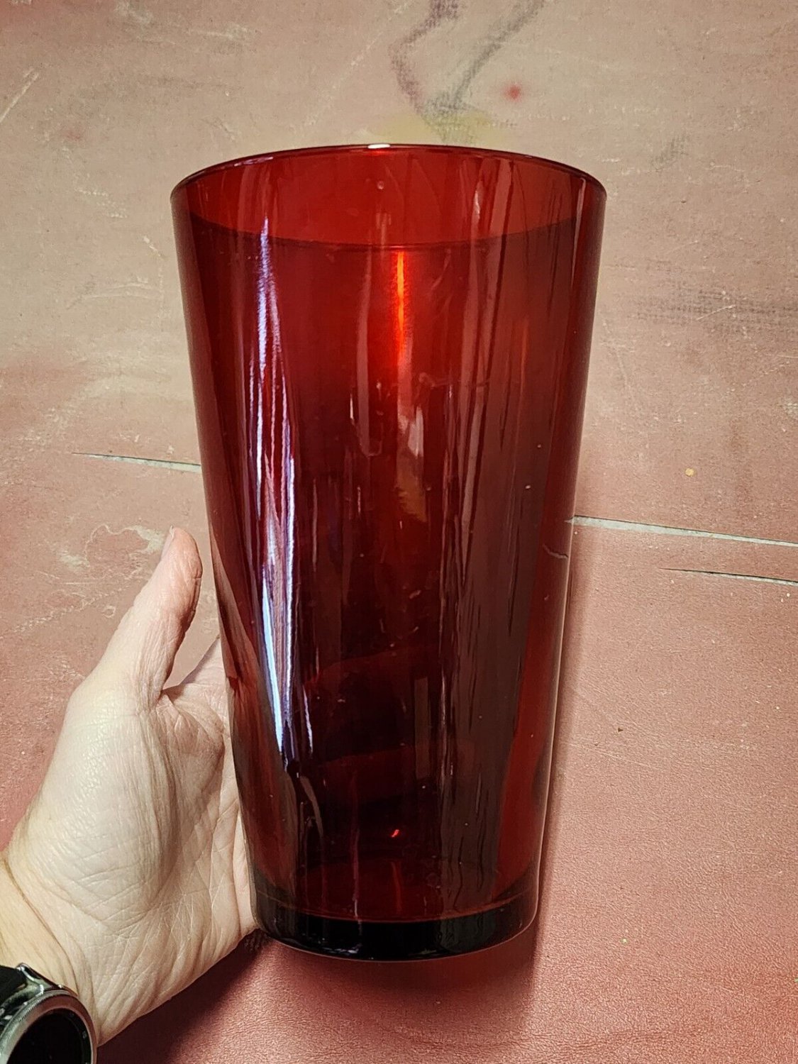 Vintage 1950's Ruby Red Unmarked Tall Cylinder Vase 8"