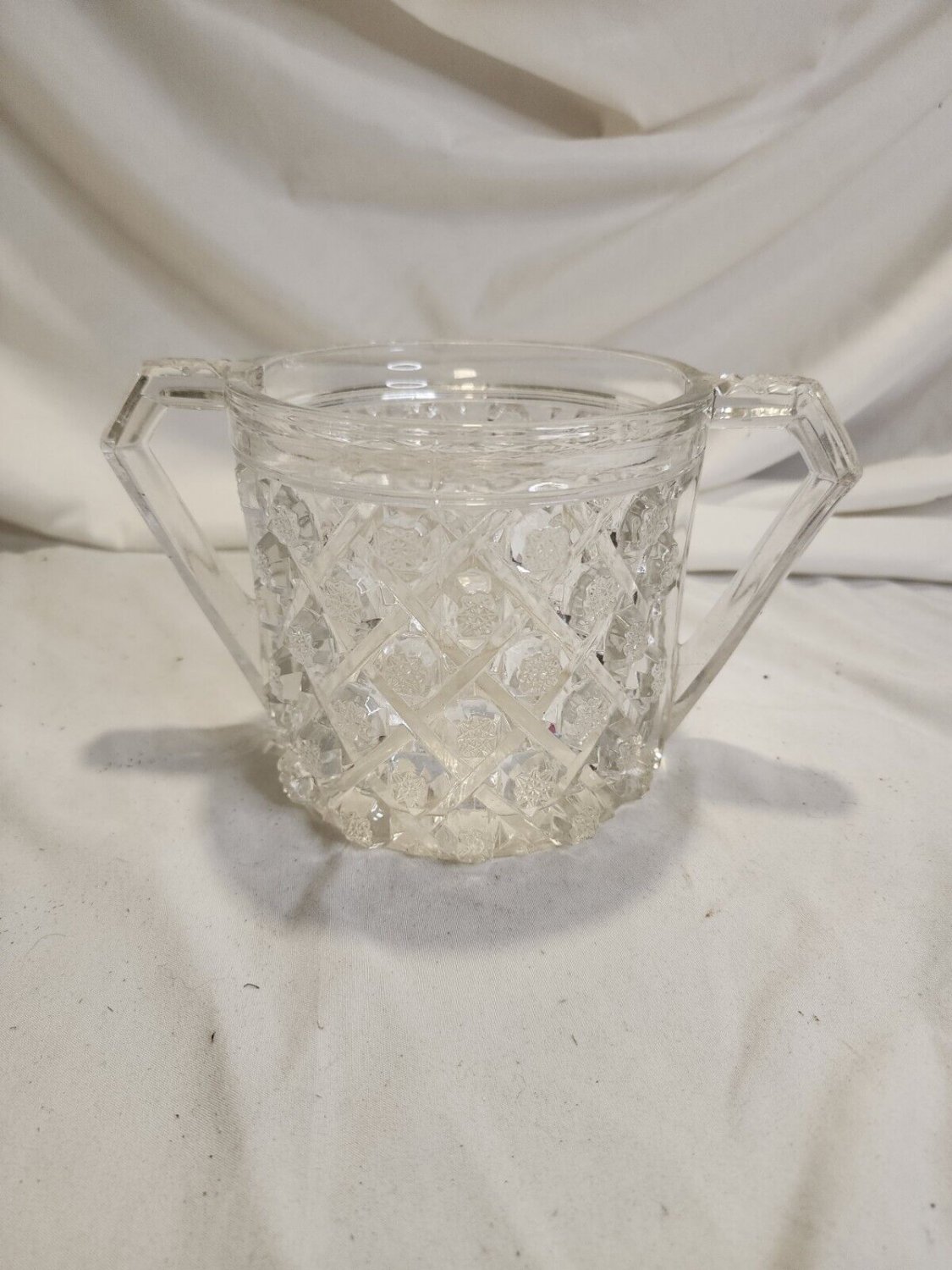 Vintage Clear Cut Glass Daisy & Button Double Handle Sugar Bowl