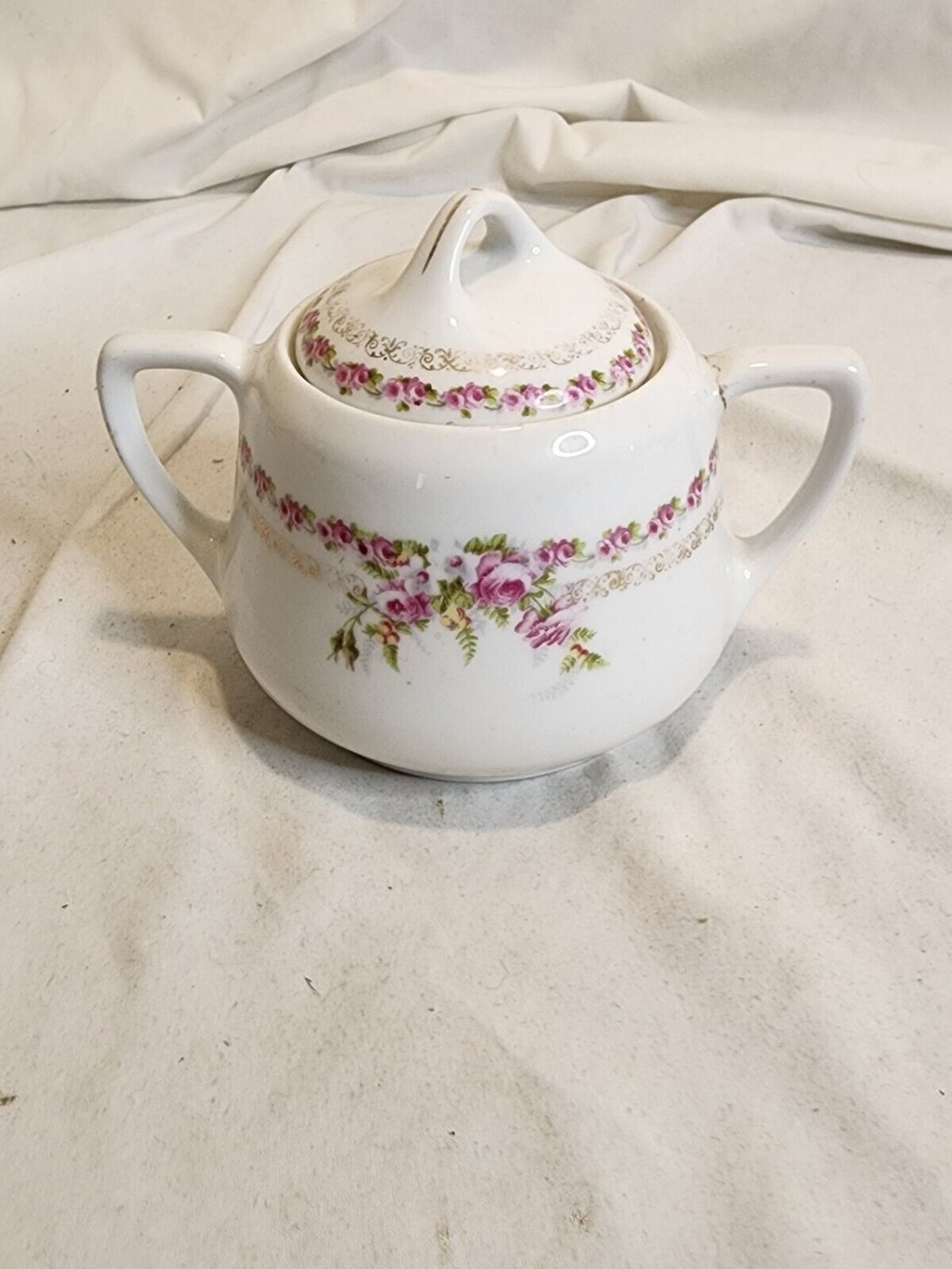 Antique KPM Fine Bone China Pink Roses Border Sugar Bowl And Lid
