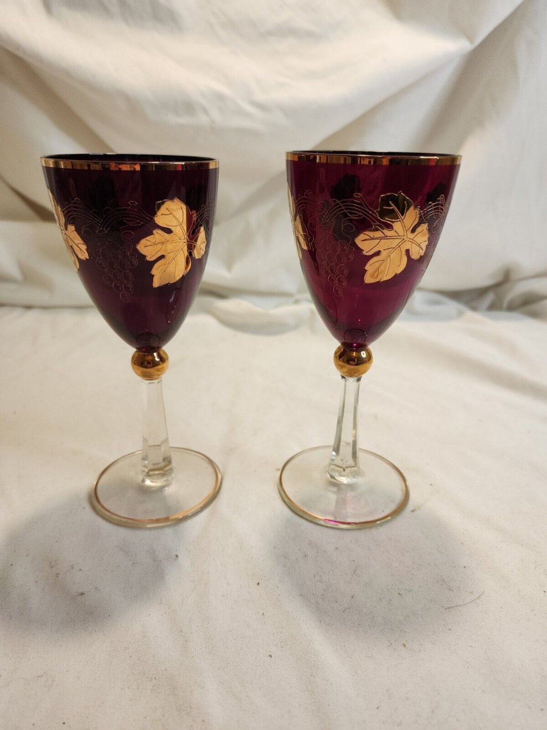 Vintage Moser Ruby Red Gold Needle Etched Leaves Vines Cranberry Wine ...