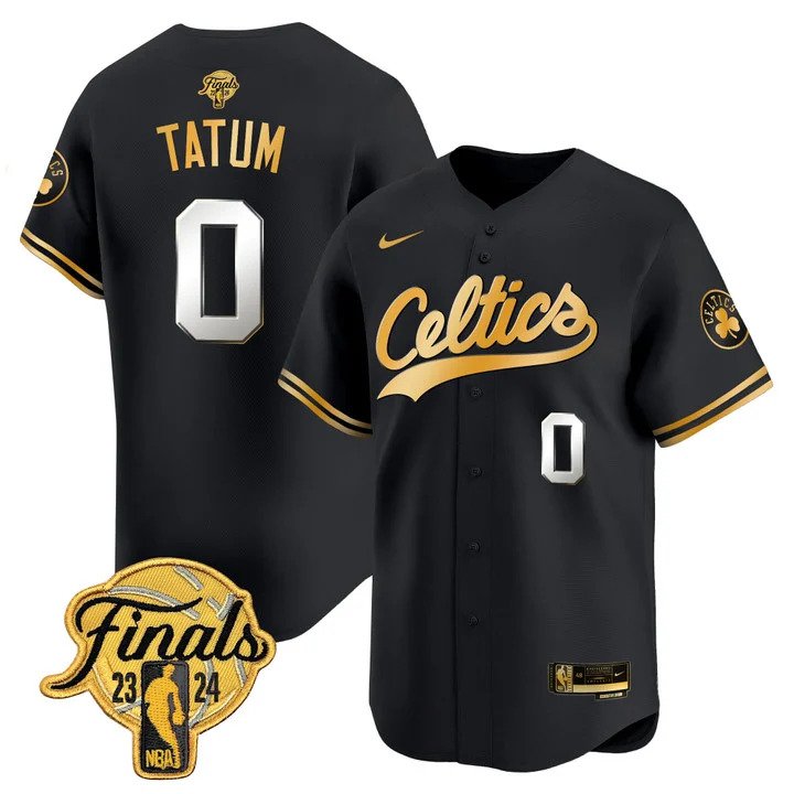 Men's Boston Celtics #0 Jayson Tatum 2024 Finals Black Gold Baseball Jersey
